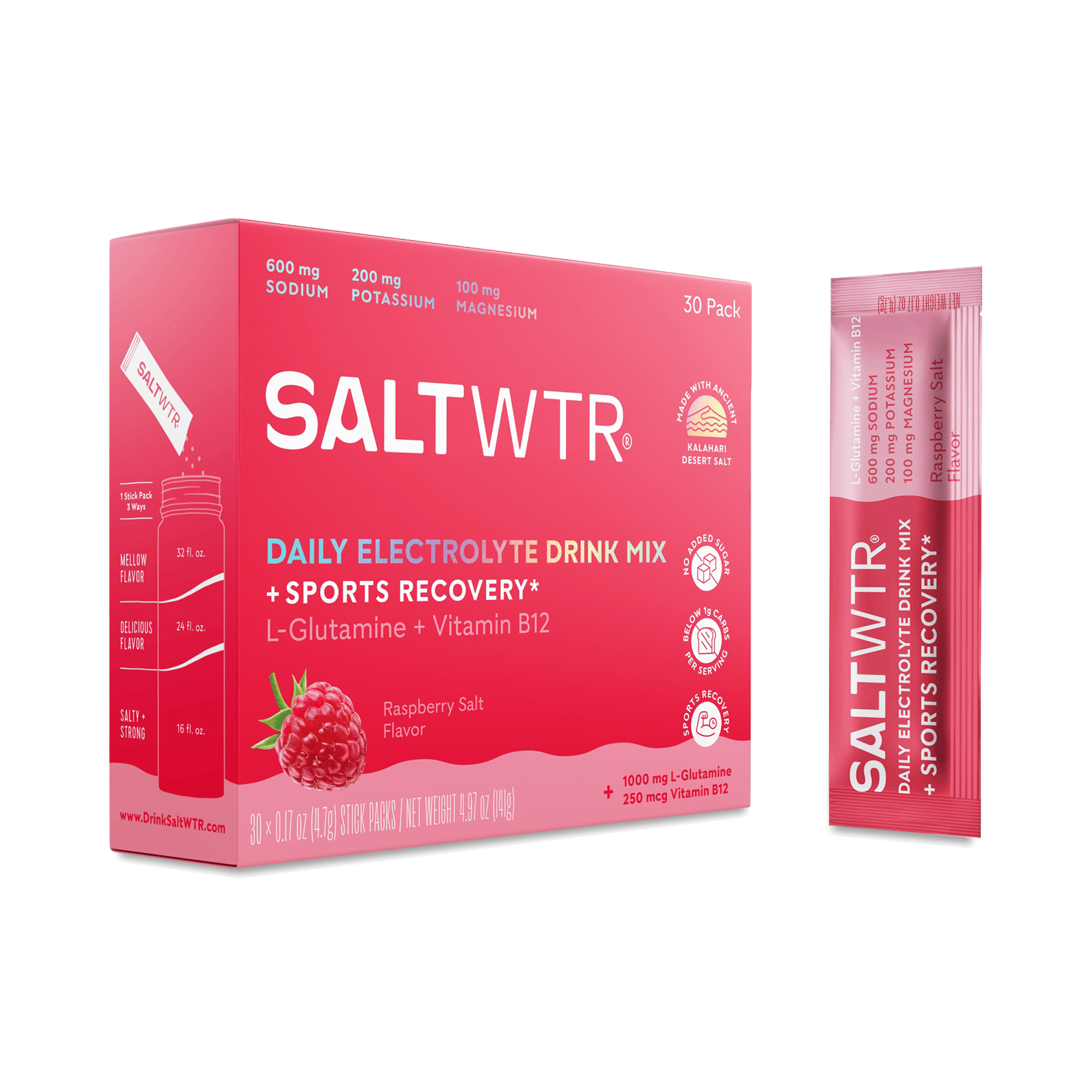 SaltWTR Daily Electrolyte Drink Mix + Sports Recovery, Raspberry Salt ...
