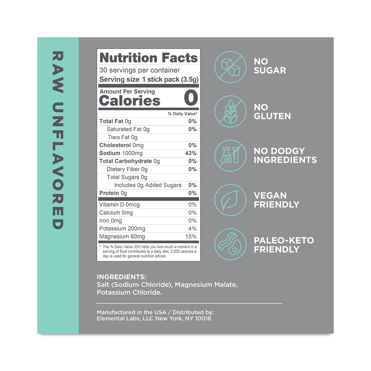 Elemental Labs LMNT Electrolyte Drink Mix, Raw Unflavored | Thrive Market