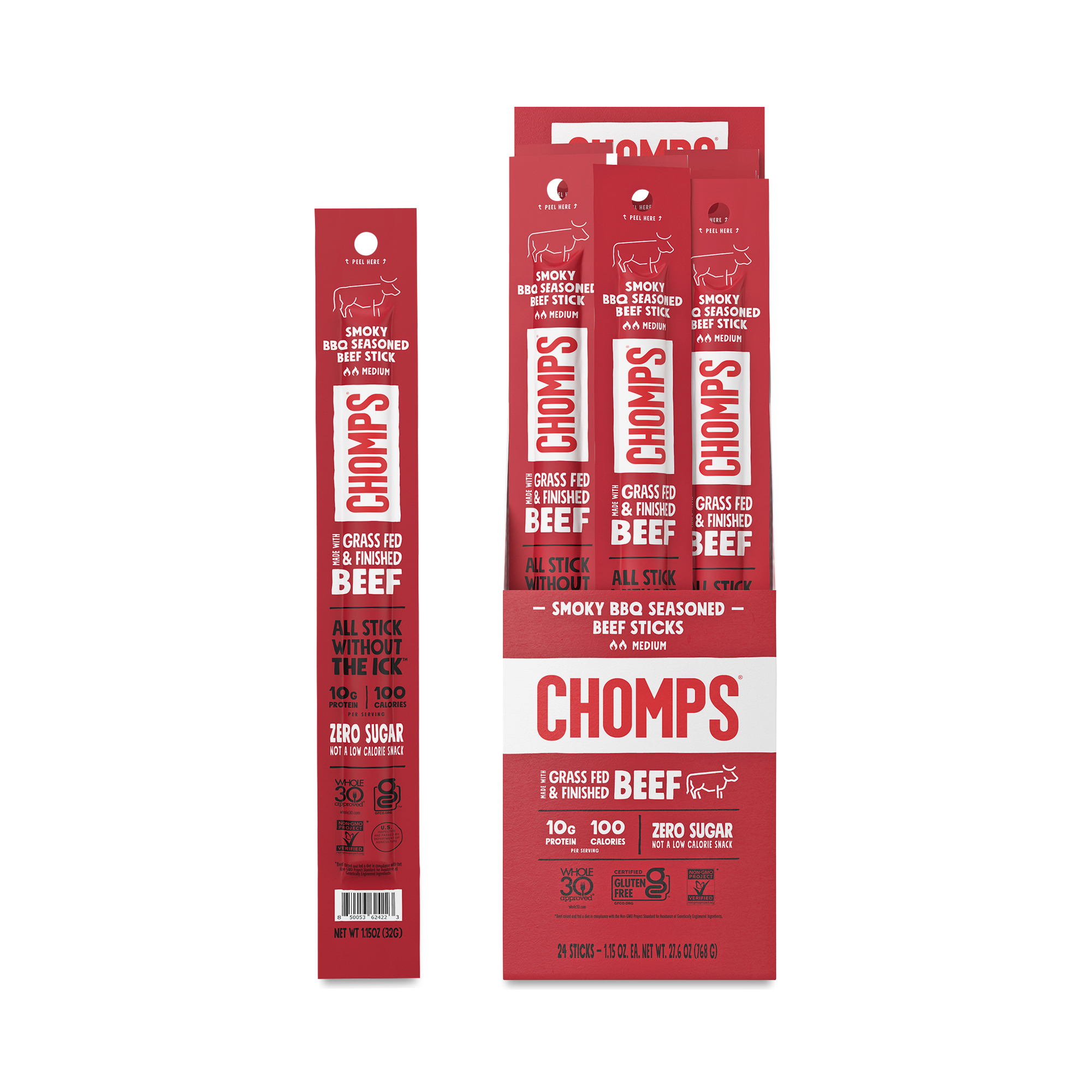 Chomps Grass-Fed Beef Sticks, Smoky BBQ, Value Size | Thrive Market