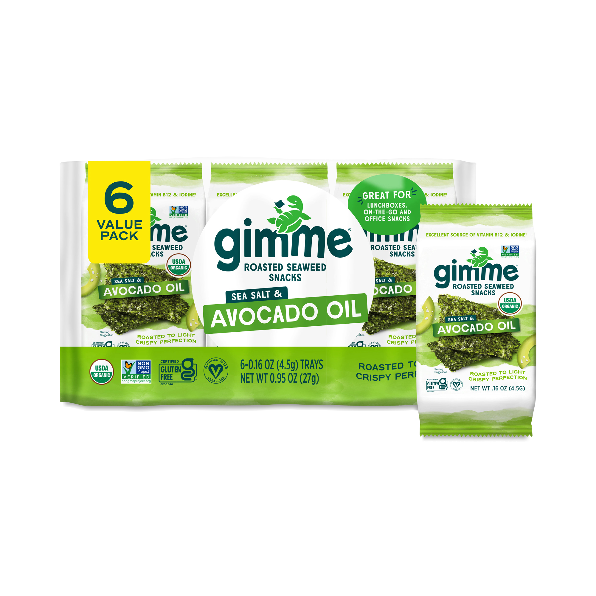 Gimme Organic Roasted Seaweed, Sea Salt & Avocado Oil, Snack Pack ...