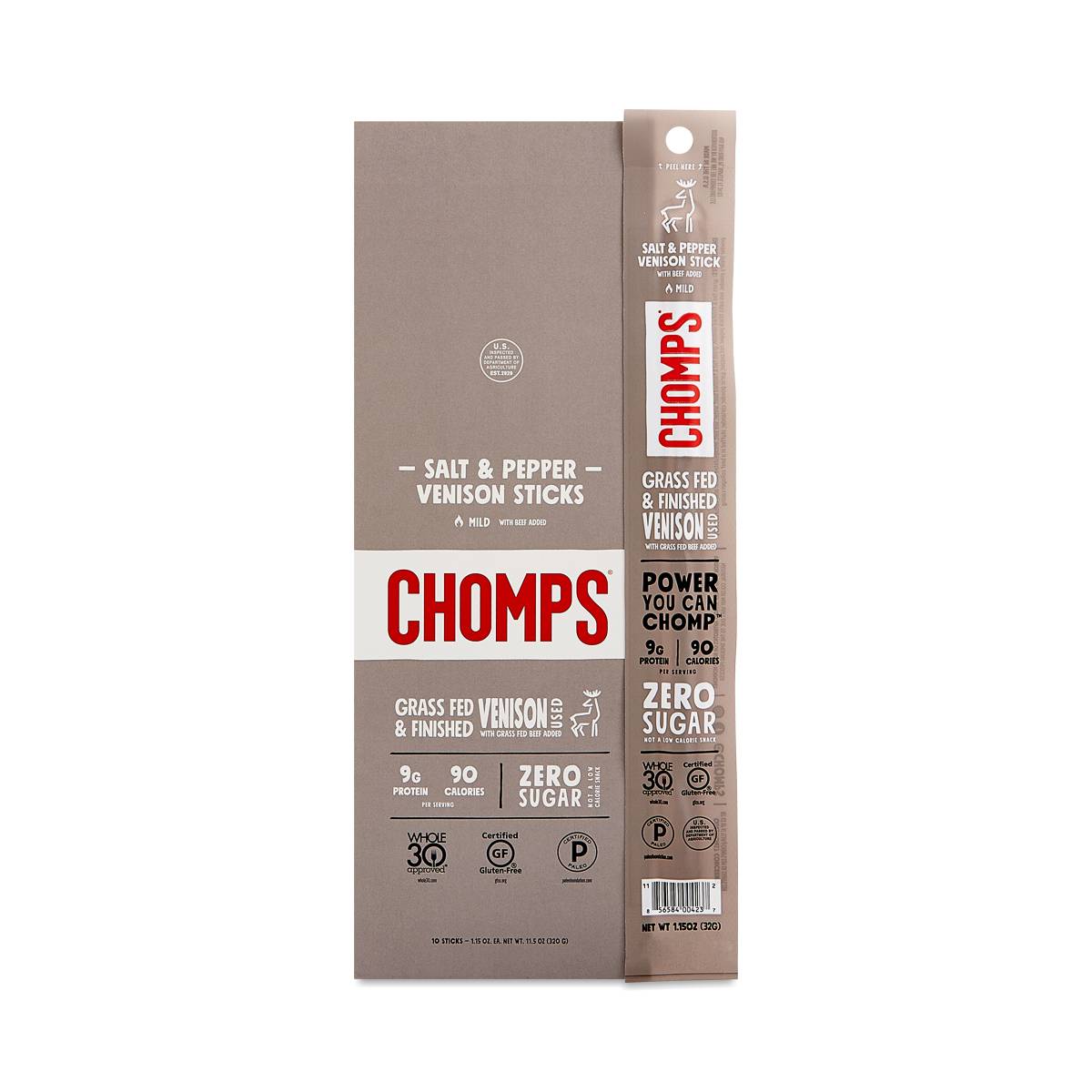 CHOMPS Grass-Fed Venison Sticks, Salt & Pepper - Thrive Market