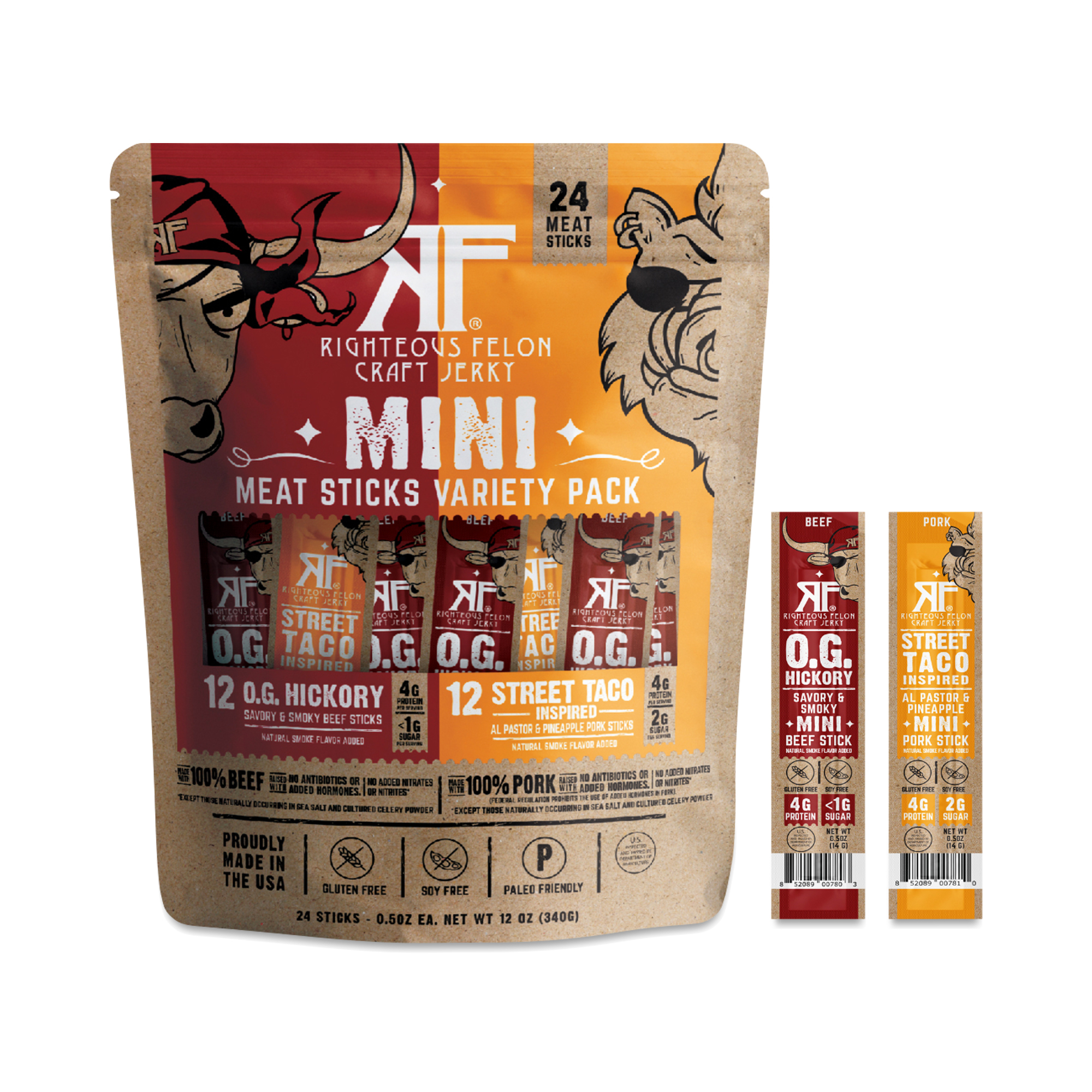 Righteous Felon Mini Meat Sticks, Variety Snack Pack | Thrive Market